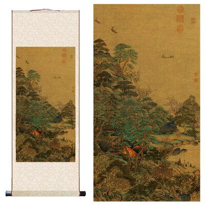 唐 李思训 江帆楼阁图 国画 山水画 家居客厅办公室装饰卷轴挂画