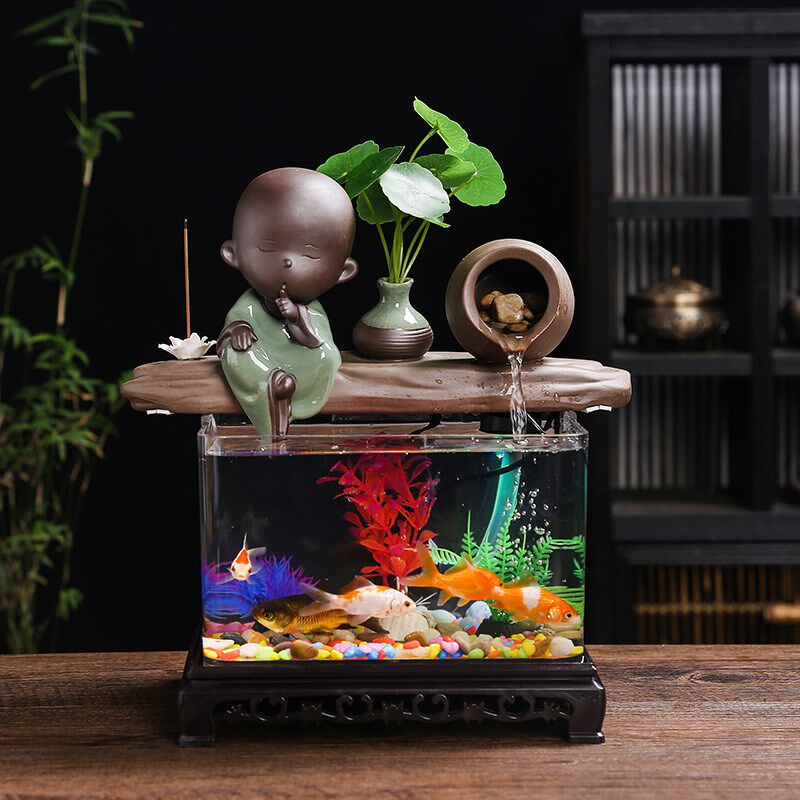 创意流水生财玻璃鱼缸摆件循环水装饰客厅办公室桌面招财开业礼品