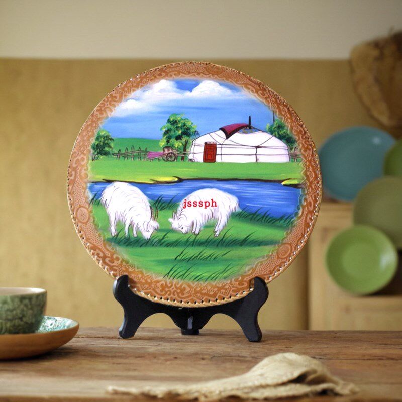 蒙古工艺品皮画成吉思汗装饰圆盘摆台画餐厅客厅摆件真牛皮手绘画