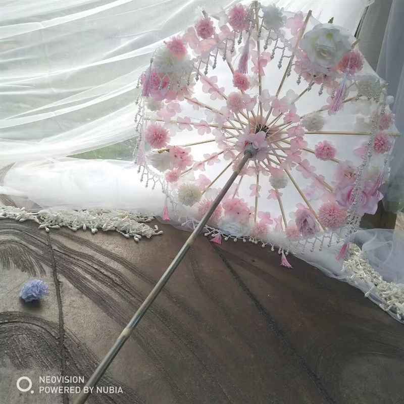 花朵婚礼长柄渐变汉服COS洛丽塔古装舞蹈走秀摄影道具油纸工艺伞