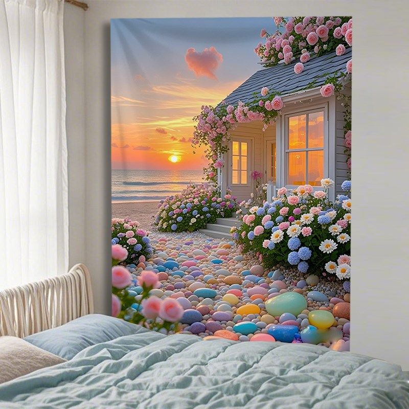 春日海边小屋竖版背景布治愈温馨挂布房间客厅床头装饰画布遮丑布