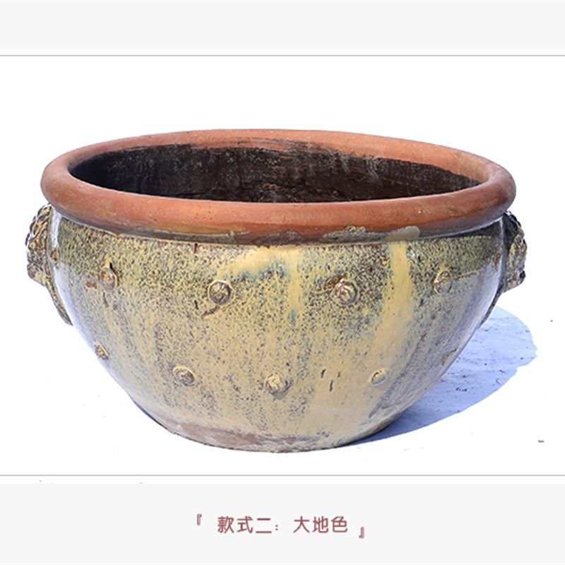 宜兴田园落地摆件陶器瓶 鼓钉盆鱼缸 园林摆设 窑变釉面陶瓷花盆