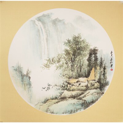 已裱卡纸斗方山水画手绘水墨画玄关客厅装饰画石玉夫真迹00006