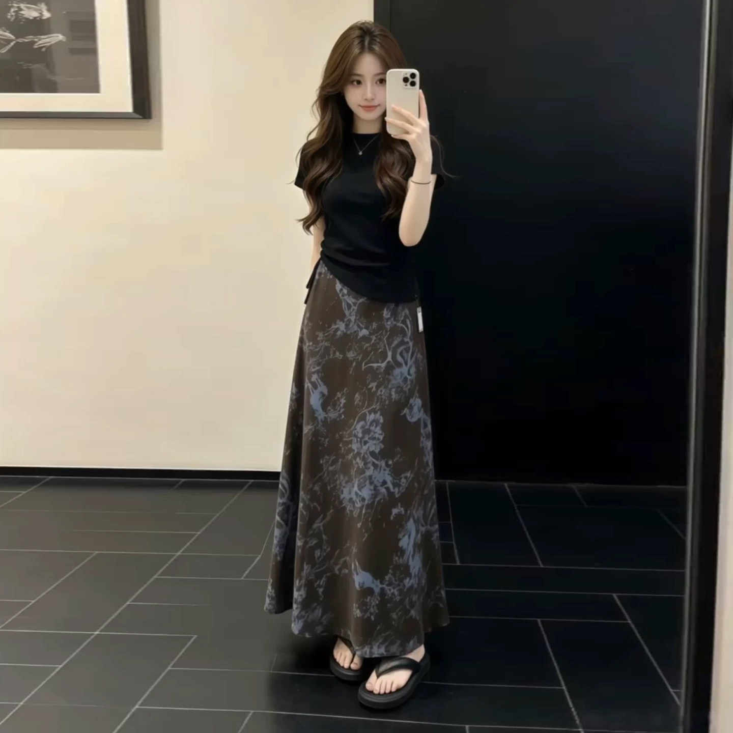 新中式黑色碎花套装洋装子女夏季2026新款巨好看穿搭一整套长裙