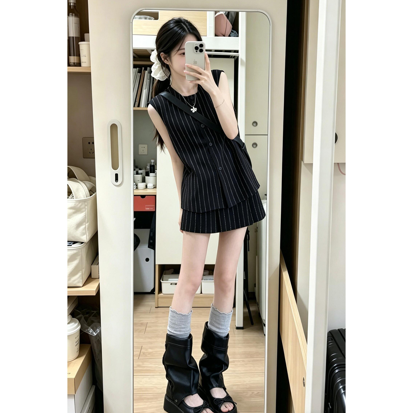 韩系穿搭无袖条纹西装套装洋装子女新款2026超火夏装一整套短裙
