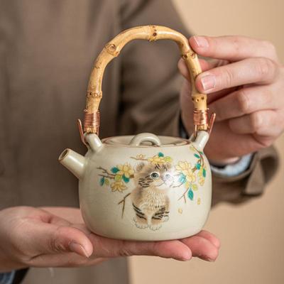 米黄汝窑提梁壶萌猫小茶壶泡茶家用功夫茶具可爱陶瓷壶单壶大容量