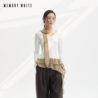 MEMORY WHITE静奢冷染真丝小格子假两件不规则下摆打底衫长袖上衣