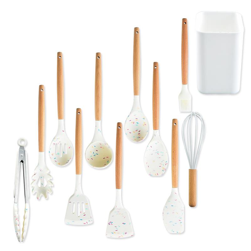彩点硅胶厨具11件套+收纳桶厨房烹饪工具料理铲 木柄硅胶厨具套装