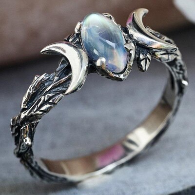 Vintage Oval Moonstone Rings for Women Branch Double Moon Wo