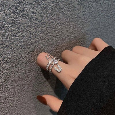 Creative Micro-Inlaid Zircon Safety Pin Ring Double Layer Op