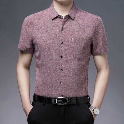 Summer new short-sleeved shirt mens solid color lapel middl
