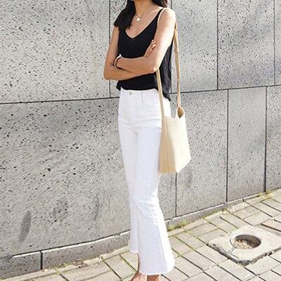 Solid White Stch Women Jeans Set Wear Flare Denim Pants Boyf