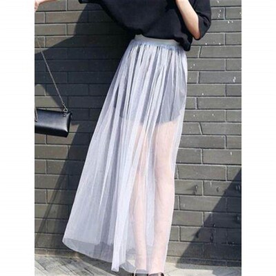 Summer Long Lace Skirt Women Black White Mesh Voile Casual