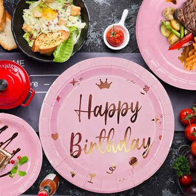 Pink Birthday Disposable Tablewares Happy Birthday Decoratio