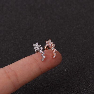 1Piece Curved Cz Cartilage Stud Helix Rook Conch Screw Back