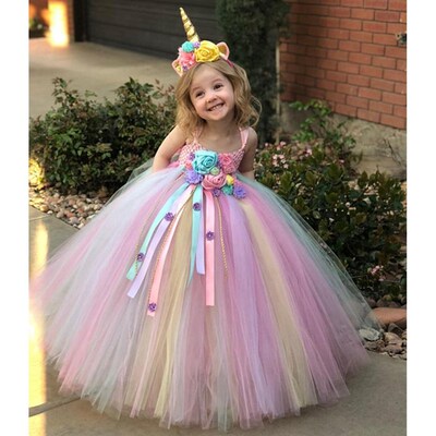 Girls Pastel Unicorn Flower Tutu Dress Kids Crochet Tulle St