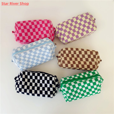 Checkerboard Lattice Makeup Bag Knitted Fabric Women Cosmeti