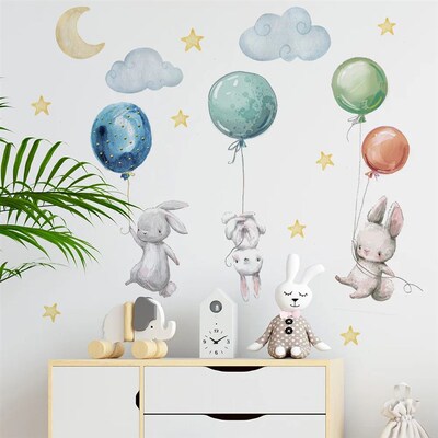 Cute Lovely Flying Rabbits Wall ers Balloons Moon Star Cloud