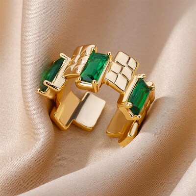 Green Zircon Water Drop Flower Rings for Women Open