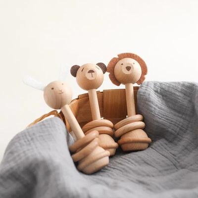 Wooden Animal Rattle Toys for born Wooden Teether Baby 0 12
