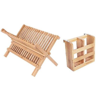 Bamboo Wood Dish Drying Rack Kitchen Utensils Holder
