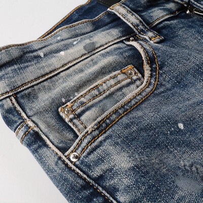 High Sreet Fashion Men Jeans Retro Blue Elastic Slim Fit Des