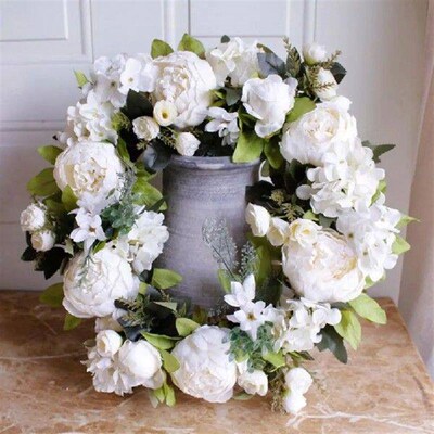 Simulation Peony Flower Garland Round Rattan Ring