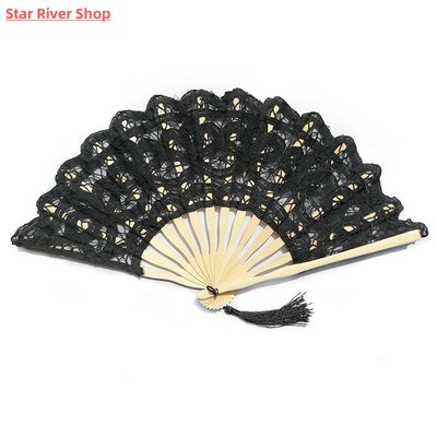 Vintage bamboo and wood lace folding fan Palace embroidery