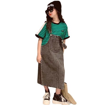 Girls Denim Strand Dress Suit Summer New Style Striped T-Sh