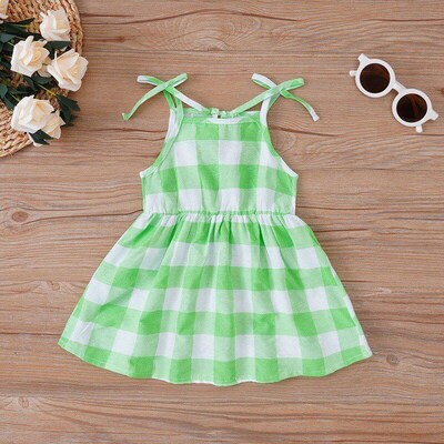 Summer 2025 Casual Dress for Girls Checked Strappy Dress for