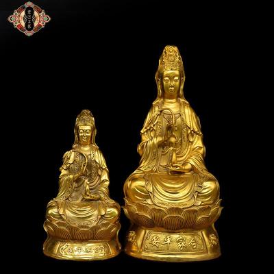 宏达 黄铜坐莲观音 柳枝铜观音 观音佛像铜器摆件