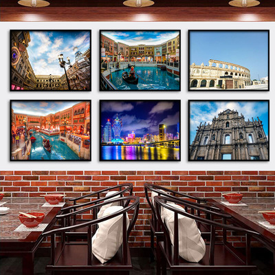 澳门城市建筑风景装饰画酒店餐厅挂画葡京赌场威尼斯人夜景墙壁画