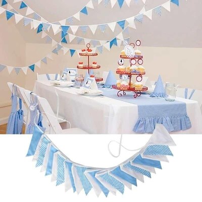 5.1M Pink Blue White Cotton Fabric Bunting 24 Pennant Flags