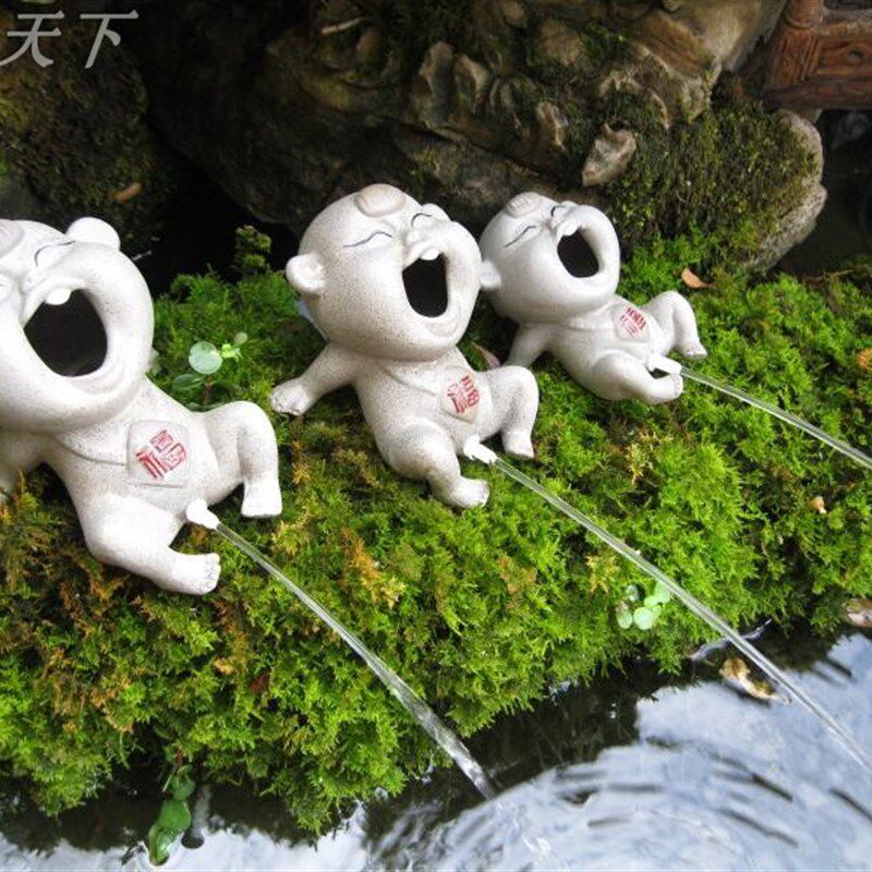 假山流水喷泉摆件水族鱼缸配件创意陶瓷撒尿福娃山水盆景家居造景