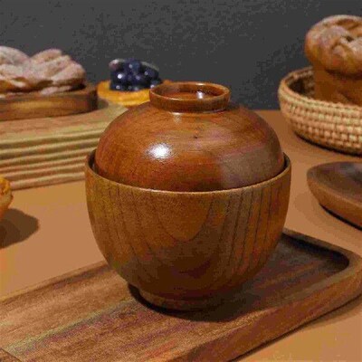2Pcs Wooden Bowl with Lid Soup Bowl Rice Bowl Serving Bowl