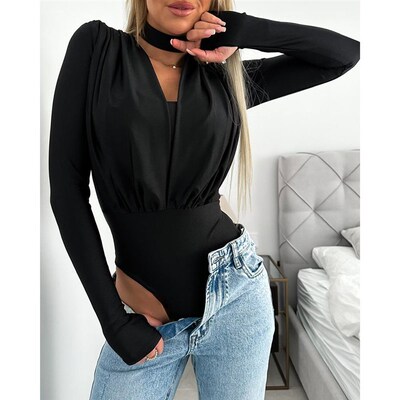 长袖V领纯色紧身连体衣 V-neck Solid Color Tight Bodysuit