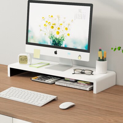 Large Dual Monitor Stand Riser, Solid Wood Desk Shelf Office