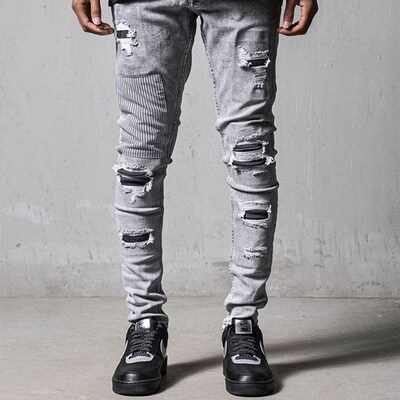 Mens Skinny Ripped Jeans Sreetwear Fashion Beggar Patch Men