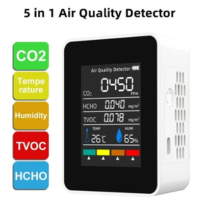 5 in 1 Digital Air Quality Monitor CO2 HCHO TVOC Humidity an