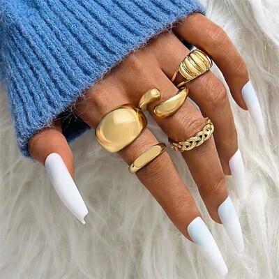 5Pcs/Set Fashion Gold Color Chain Pattern Ring Sets for Wome