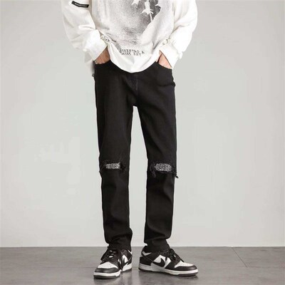 Black Jeans Mens Stetch Casual tendy Slim-fit Youth Ripped