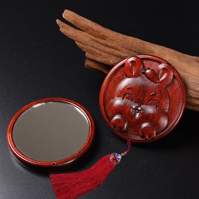 Vintage Red Wedding Mirror Chinese Zitan Round Portable Comp
