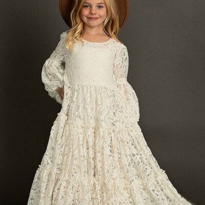 Girls Lace Long Sleeve Pink White Dress Baby Kids Bohemia El