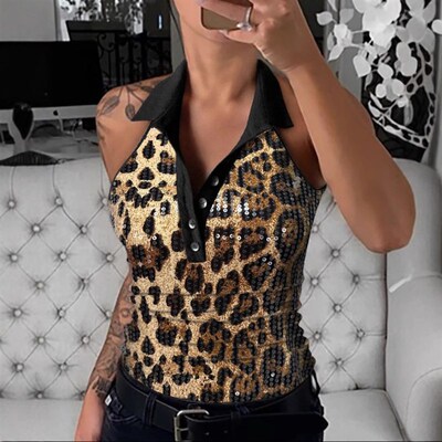 Womens 2025 Womens Slim Sequin Lapel Sleeveless Top