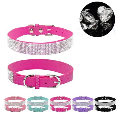 Bling Rhinestone Puppy Cat Collars Adjustable Leather Bowkno