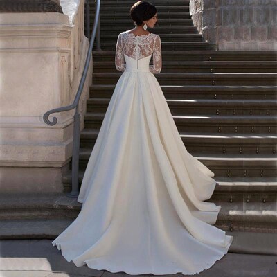 Modest Lace Appliqued A-line Satin Wedding Dress V Neck Shee