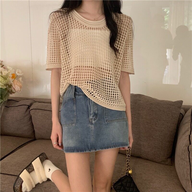 Thin Design Sense Hollow-out Short-sleeved Knitwear Womens