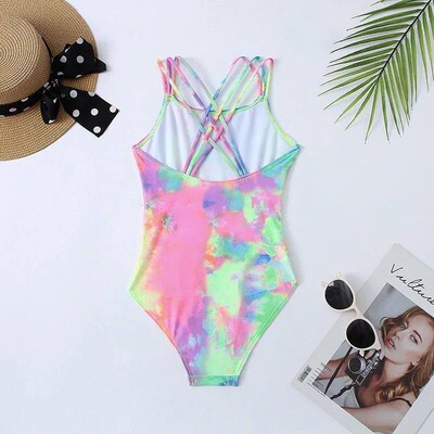 7-16Years Girls Kids Swimsuit Swimwear 2024 Tie Dye Children