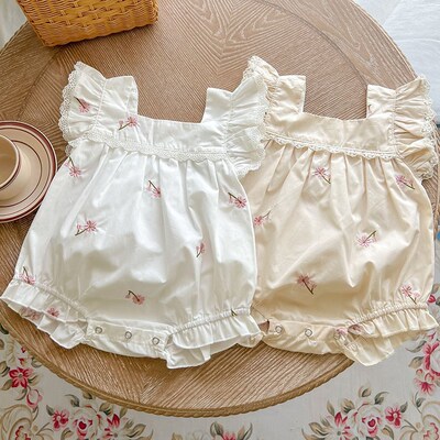 Newborn Baby Girls Jumpsuit Flying Sleeve Cotton Flower Embr