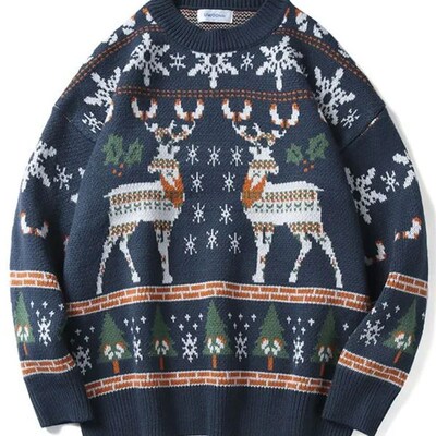 Ugly Christmas Sweater O-Neck Deer Knitted Top Men Oversized